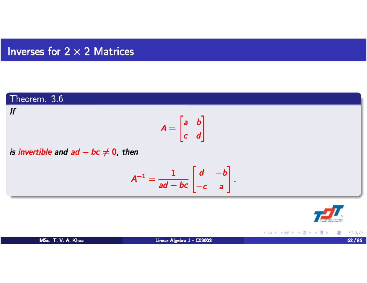 Inverses of 2x2 Matrices: Determinant Method - MSc. Linear Algebra 1 ...