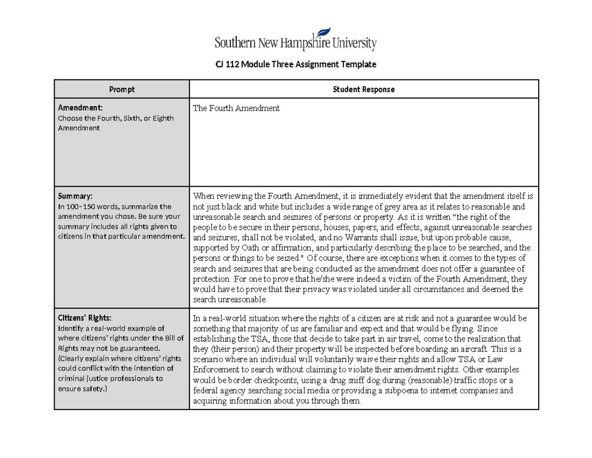 CJ 112 Module Three Assignment: Fourth Amendment Overview and Analysis ...