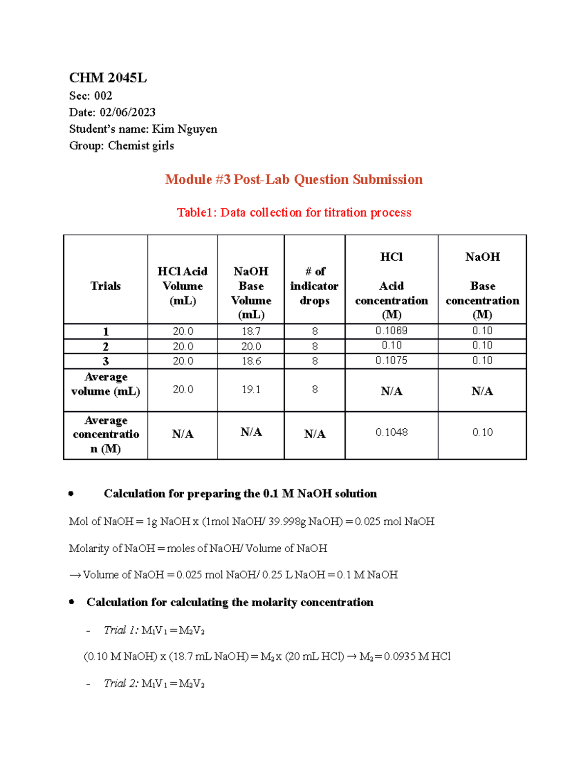 CHM 2045L Module #3 Post-Lab Questions & Data Analysis - Studocu