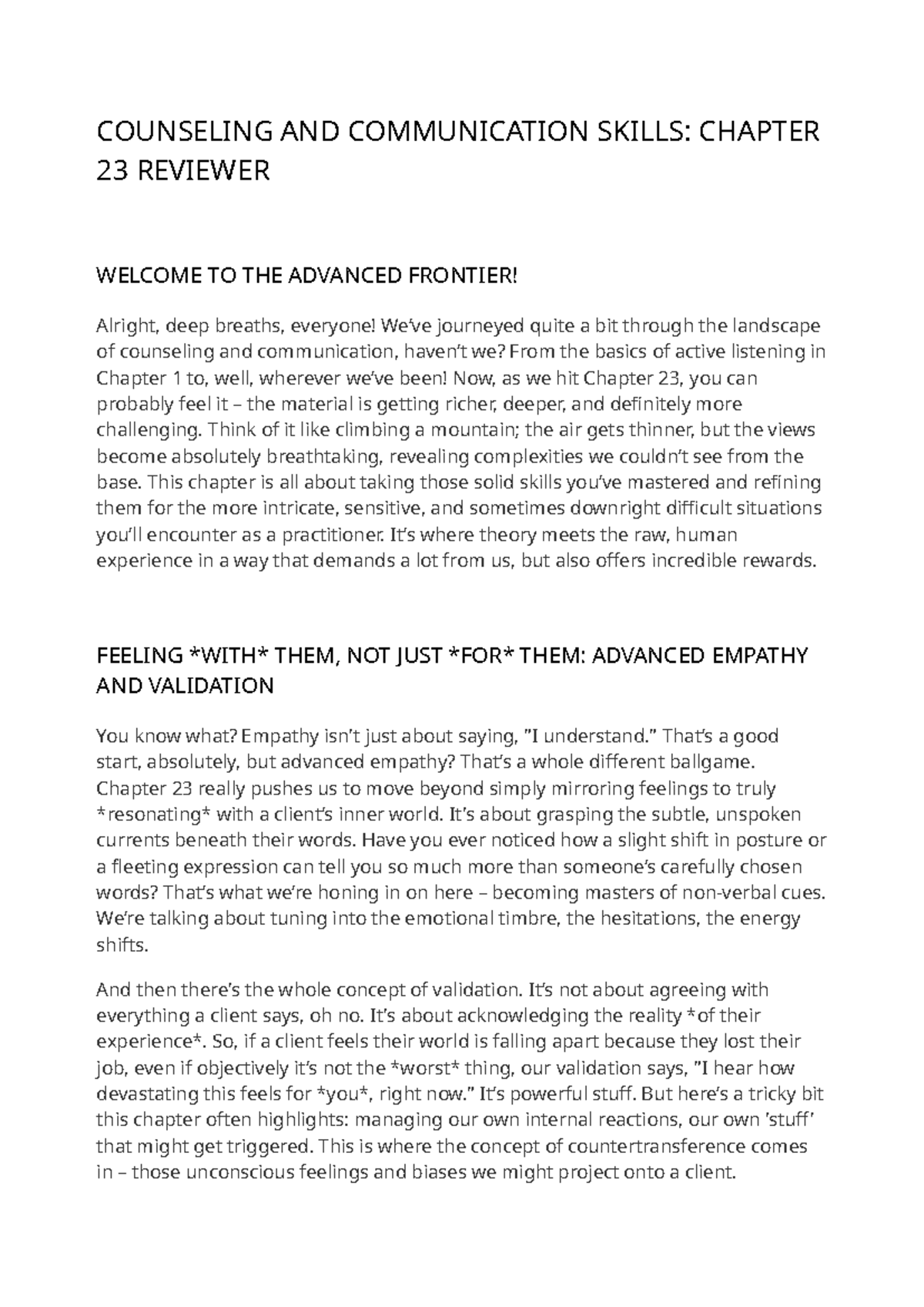 COUNSELING 101: CHAPTER 23 REVIEWER ON ADVANCED SKILLS - Studocu