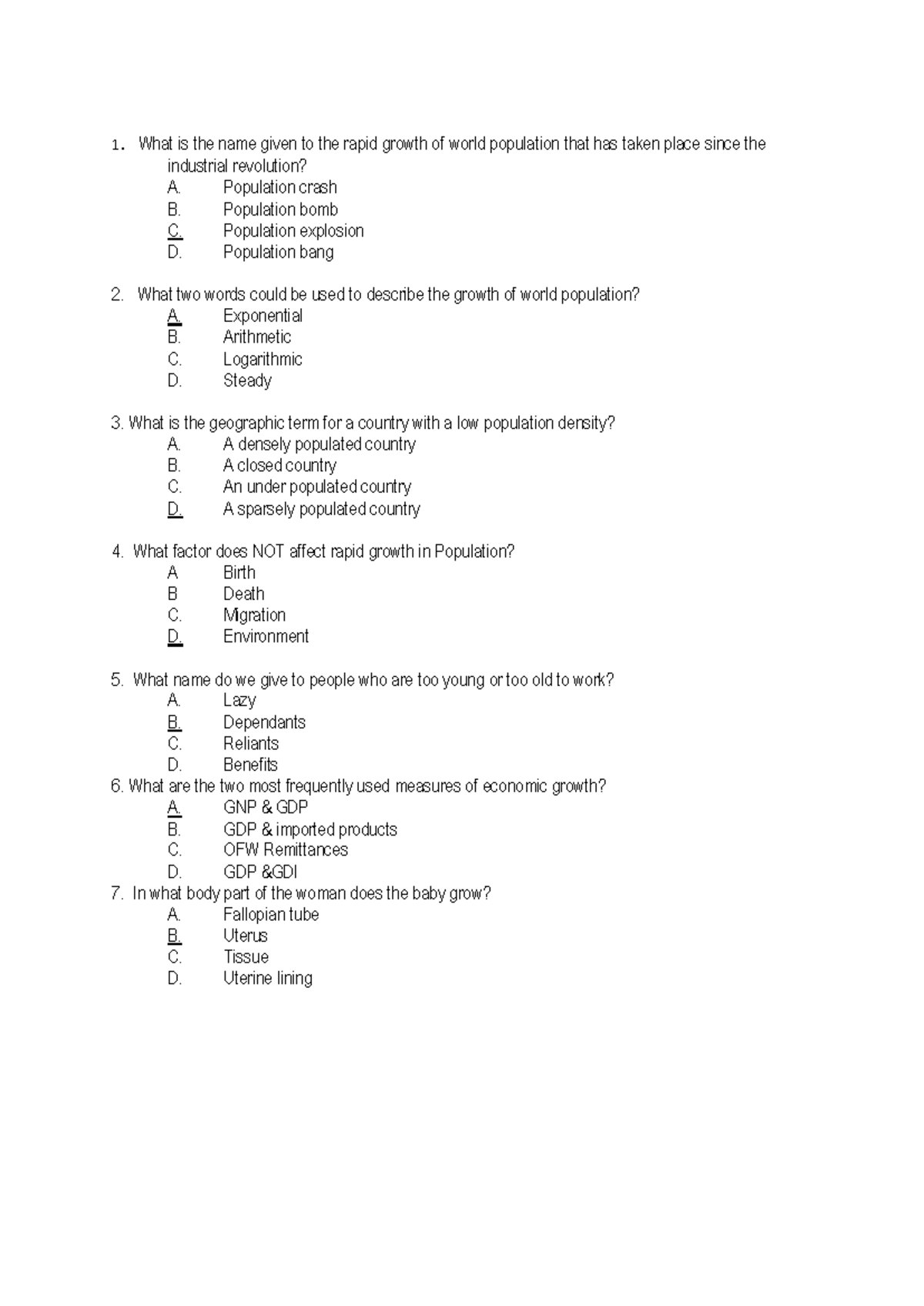 Population Quiz: Key Concepts and Questions for Understanding ...