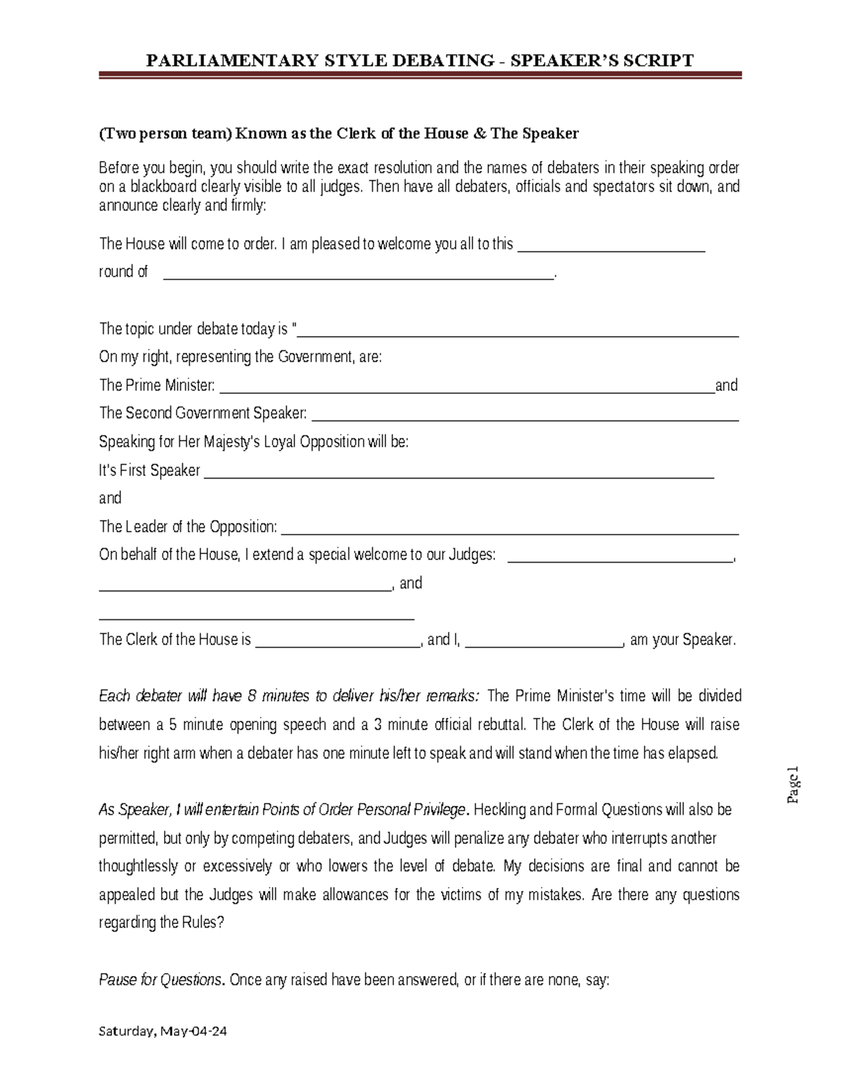 Parliamentary Debate Speaker's Script - Moderator Guide - Studocu
