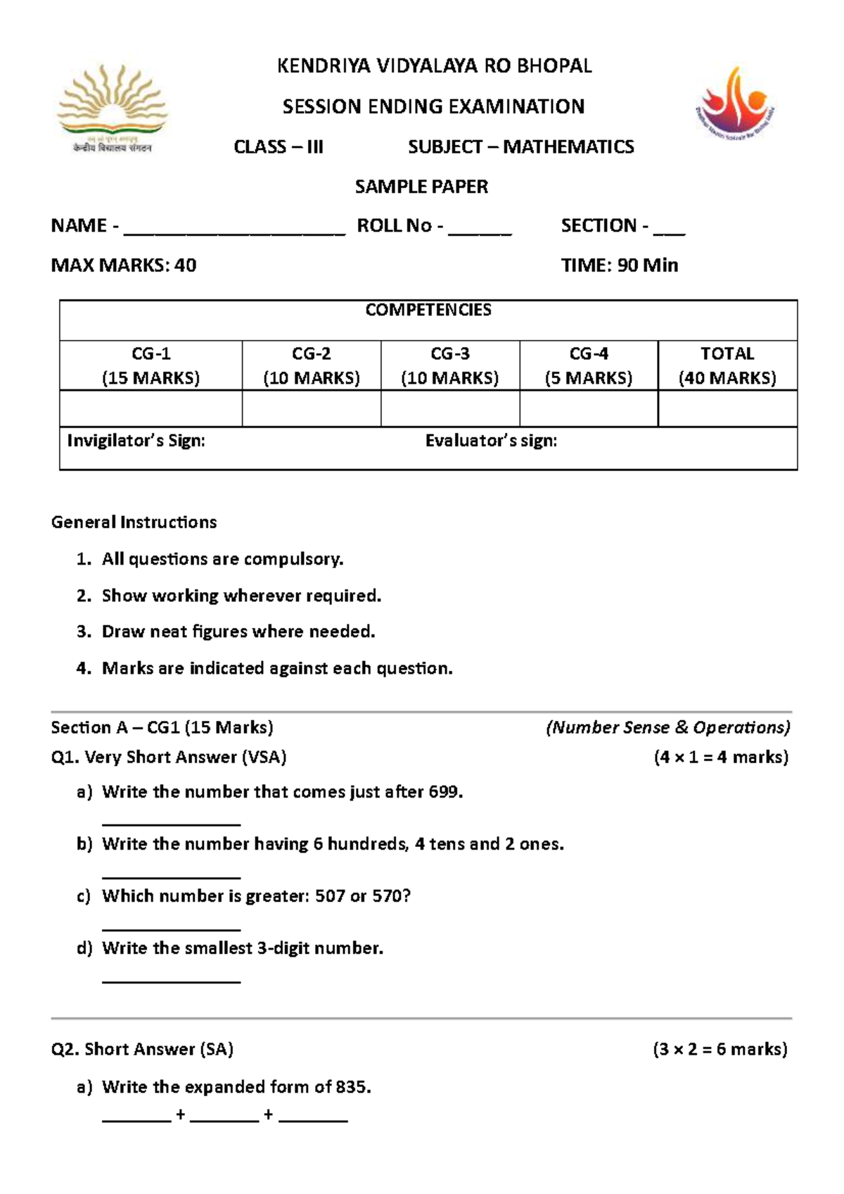 KENDRIYA VIDYALAYA RO Bhopal Class III Mathematics Sample Paper - Studocu