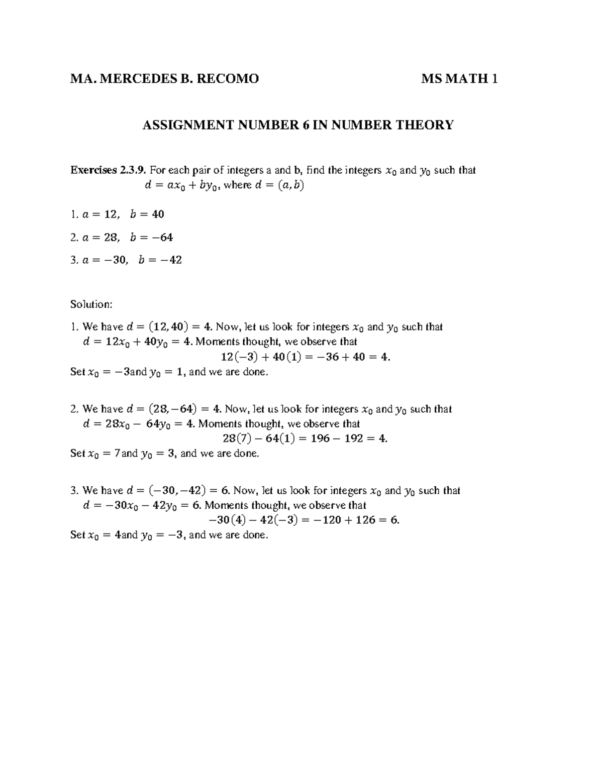Assignment 6 Exercises 2 - MA. MERCEDES B. RECOMO MS MATH 1 ASSIGNMENT NUMBER 6 IN NUMBER THEORY ...
