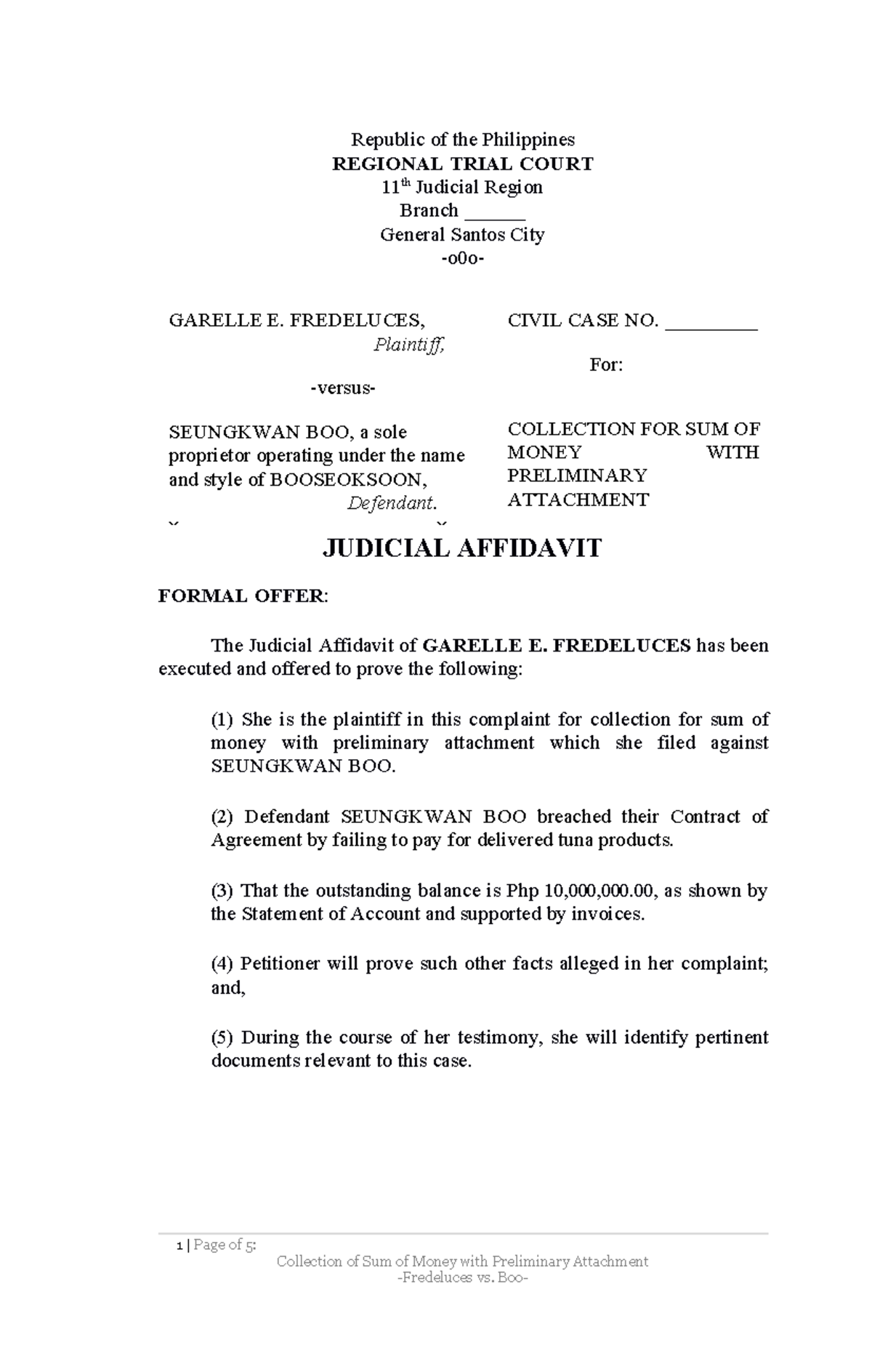 Judicial Affidavit for Collection of Sum of Money (CIVIL CASE NO ...
