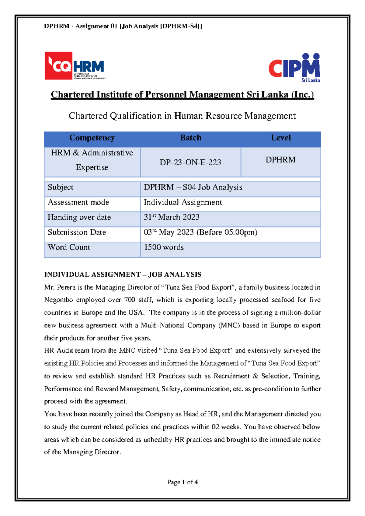 Dphrm - Assignment 01 [Job Analysis [ Dphrm-S4]] - DP-23-ON-E-223 - Chartered Institute of ...