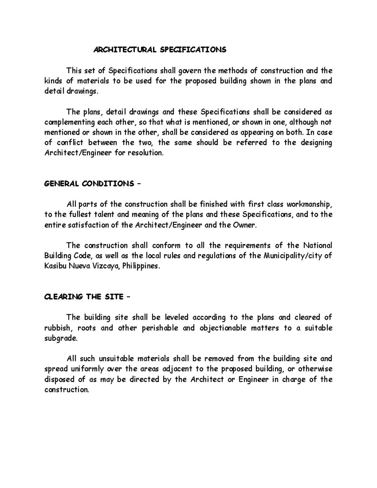 Sample Construction Specifications - ARCHITECTURAL SPECIFICATIONS This ...