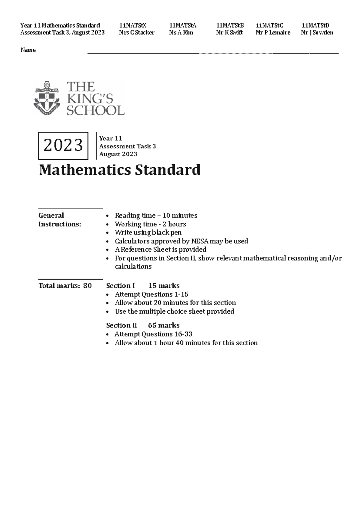 Year 11 Mathematics Standard Assessment Task 3 - August 2023 - Studocu