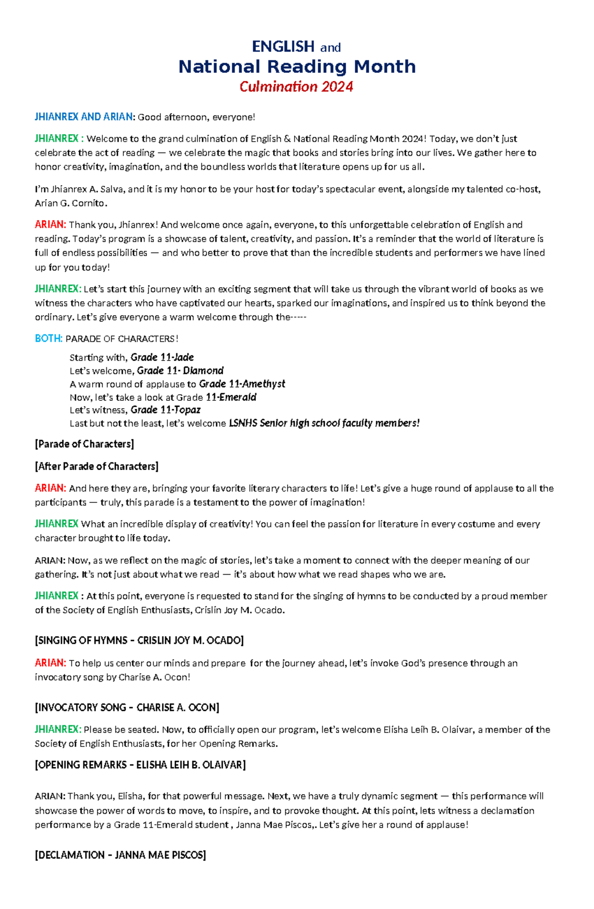 ENGLISH 2024: National Reading Month Celebration Script - Studocu