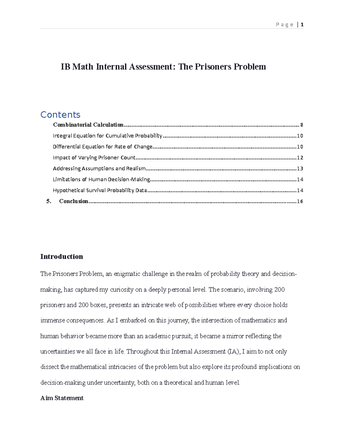 Updated Title: IB Math Internal Assessment: Analyzing the Prisoners ...