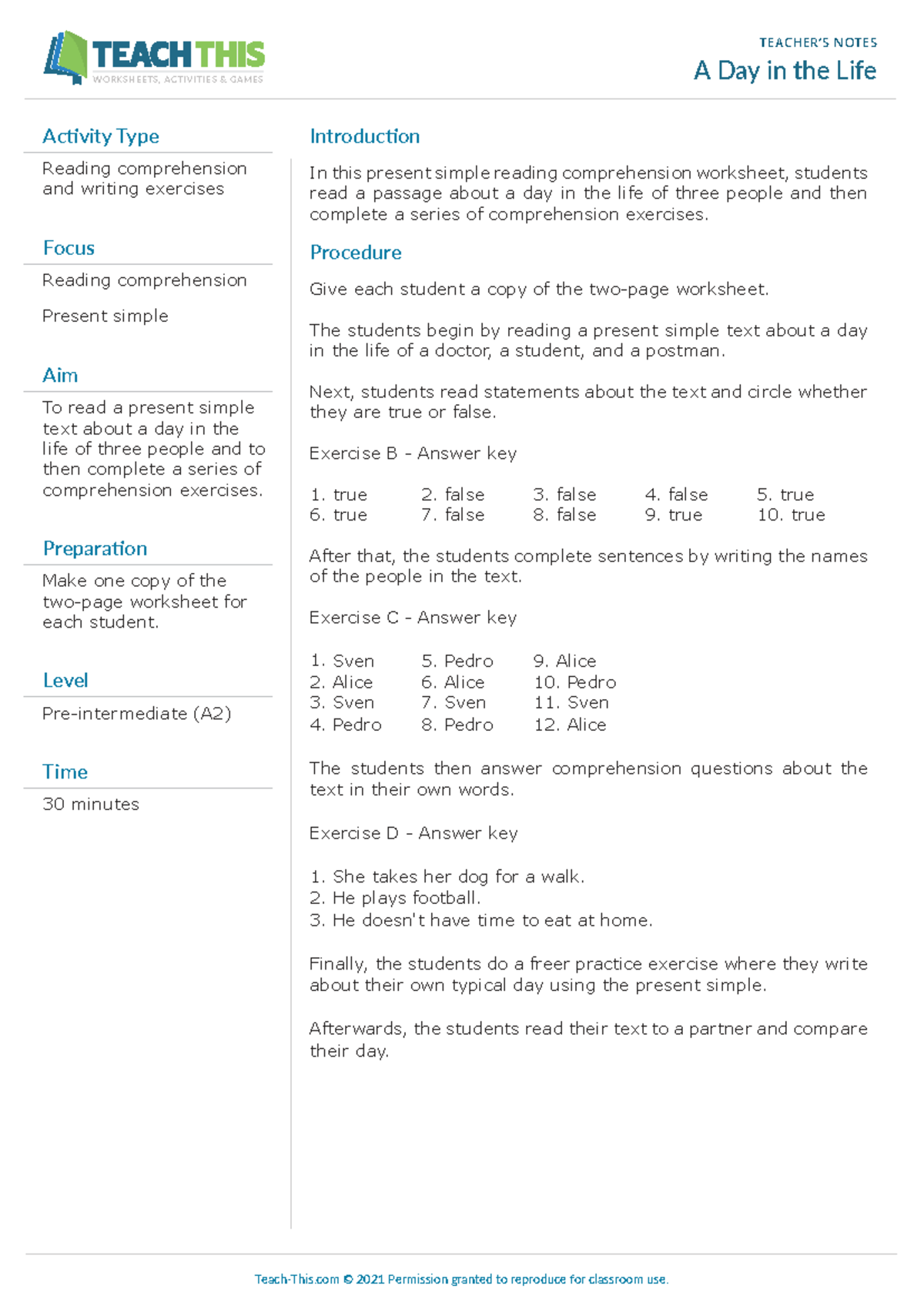 E1 Reading 2: A Day in the Life - Comprehension Worksheets - Studocu