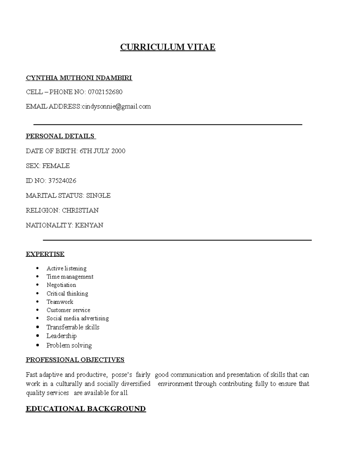 Curriculum Vitae - Assignment for Cynthia Muthoni Ndambiri - Studocu