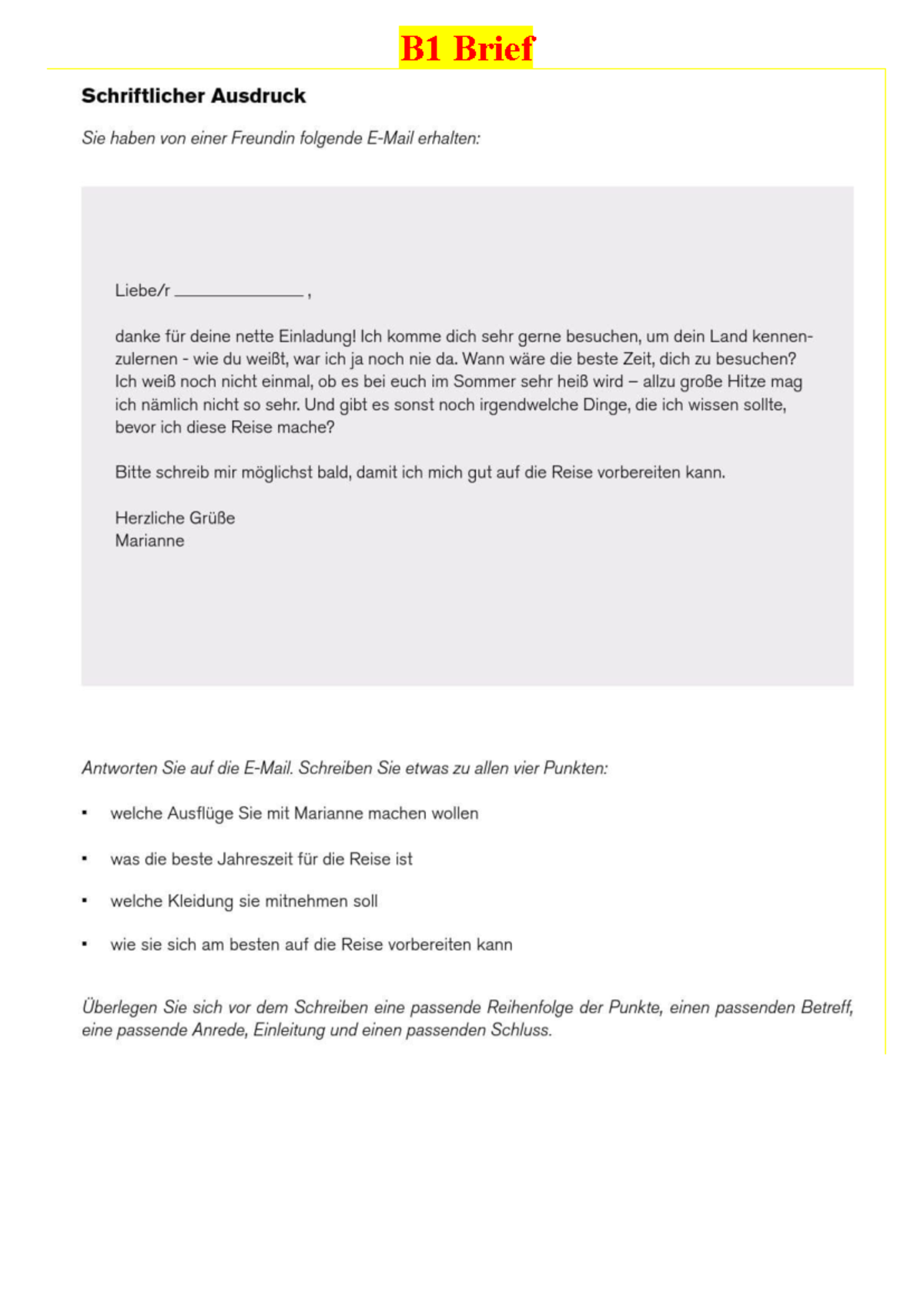 TELC B1 Brief: Beispiele für E-Mail-Antworten und Festlichkeiten - Studocu