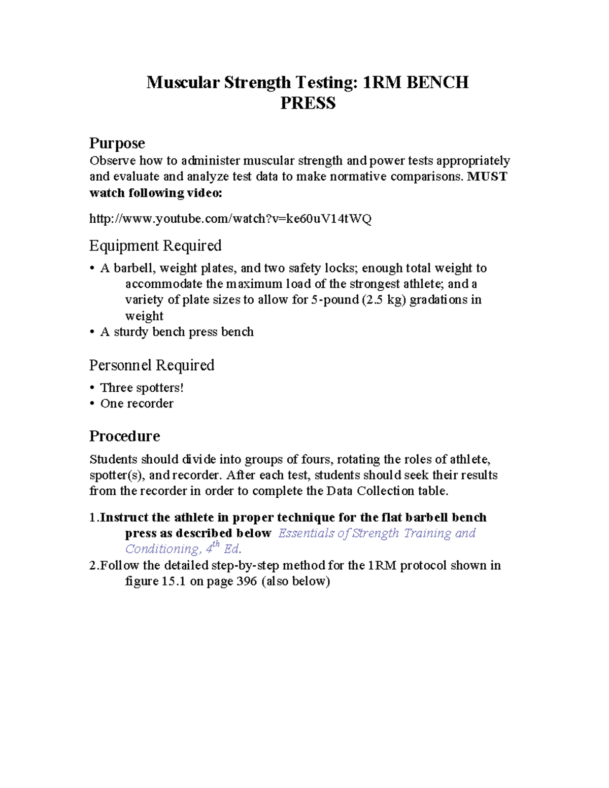 Lab Procedure for 1RM Muscular Strength Testing: Bench Press Analysis ...