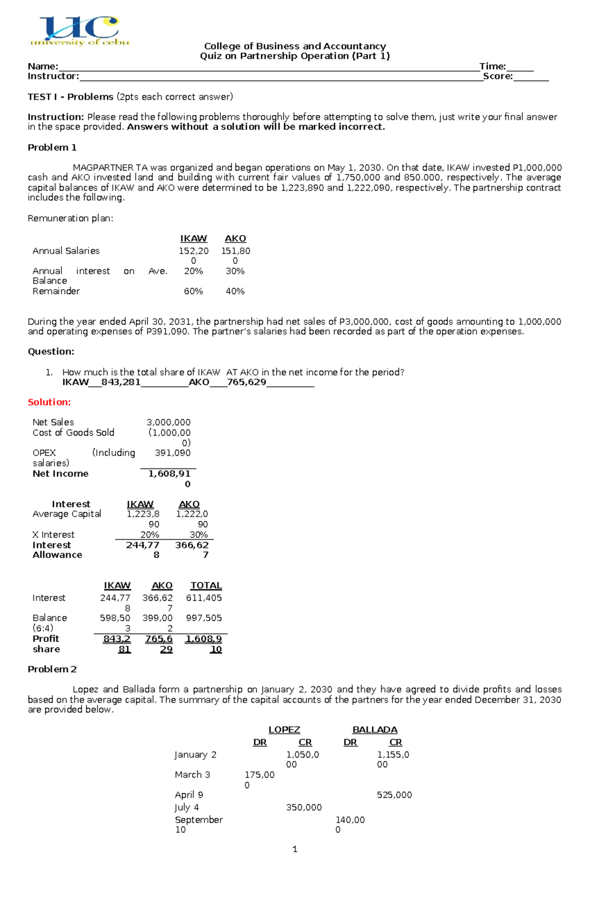 Quiz 3: Partnership Operation Problems with Solutions (Accounting 101 ...