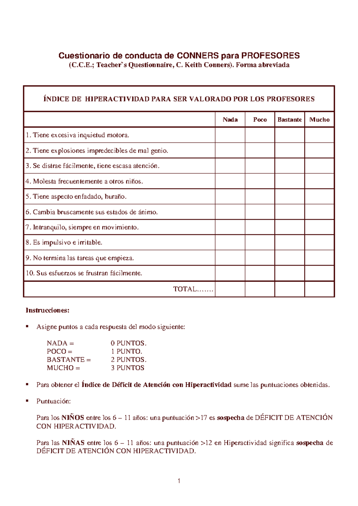 Escalas de Conners para evaluar el TDAH - Cuestionario de conducta de ...