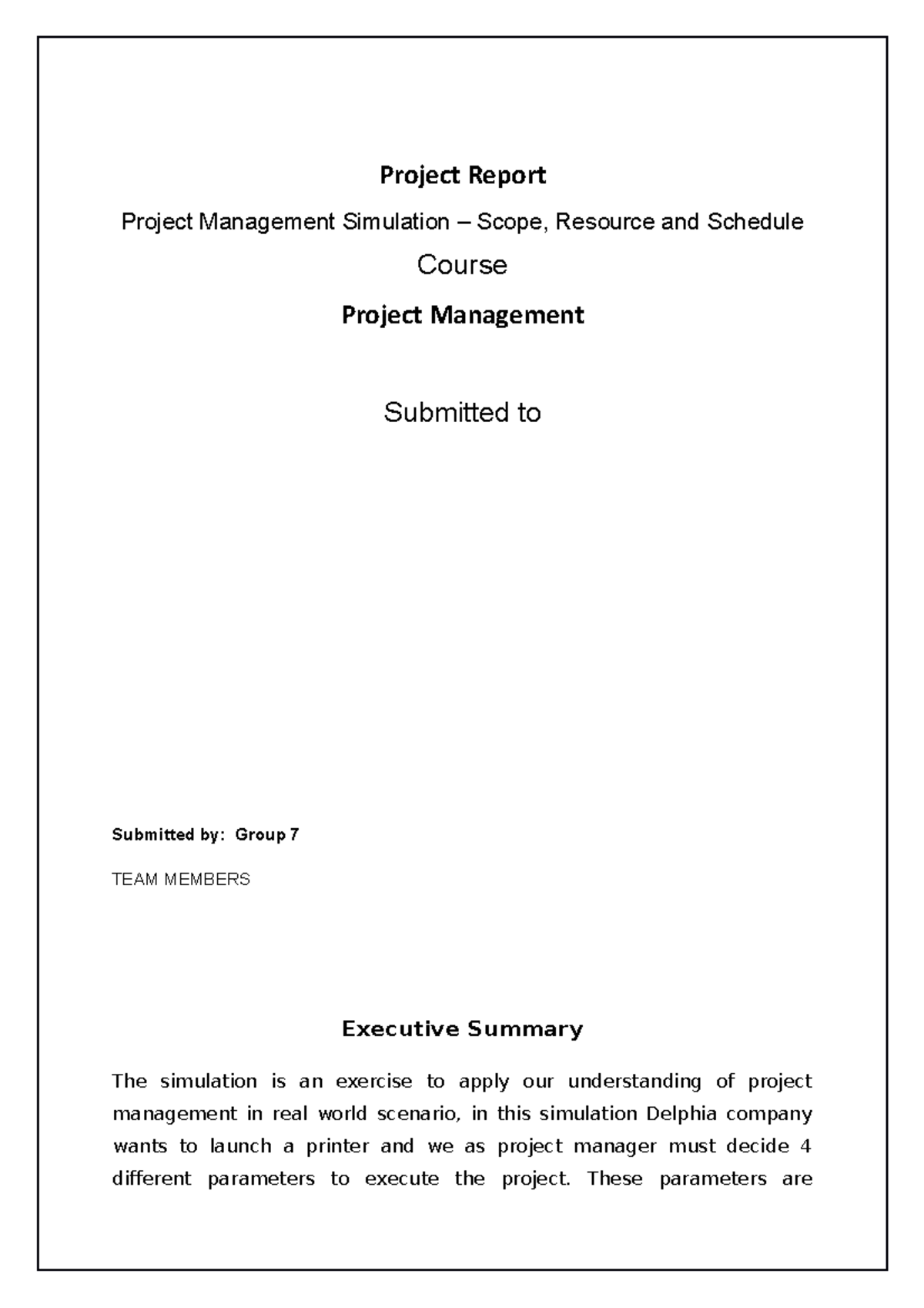 Simulation report Project Management - Project Report Project Management Simulation – Scope ...