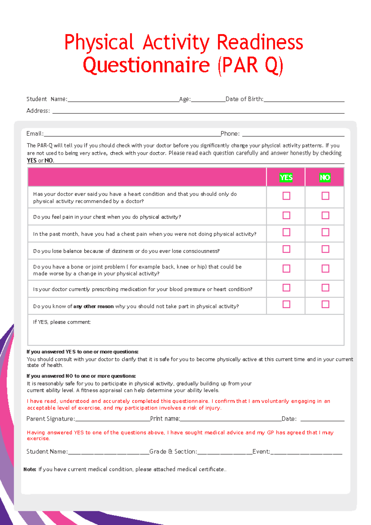 PAR Q - Physical Activity Readiness Questionnaire (Health & Fitness ...