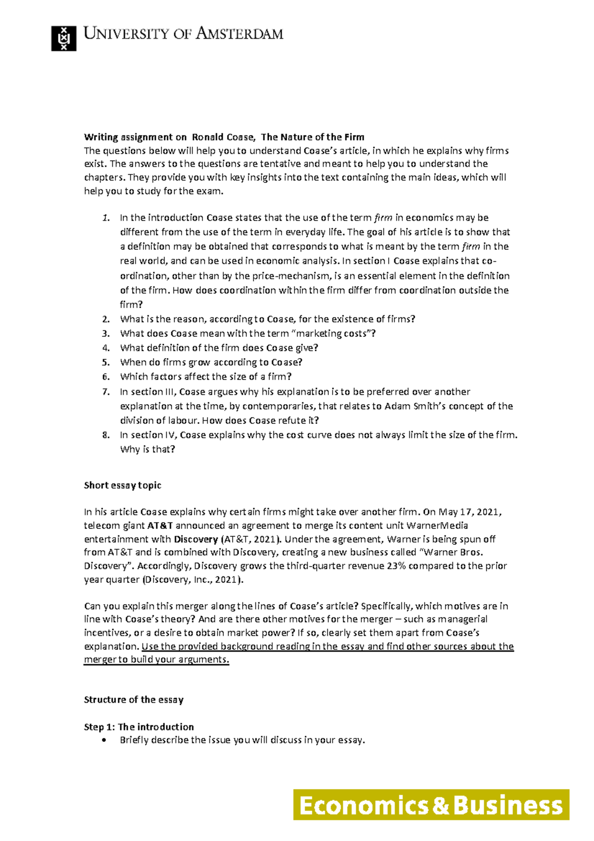 Assignment Coase 2022 new - Writing assignment on Ronald Coase, The ...