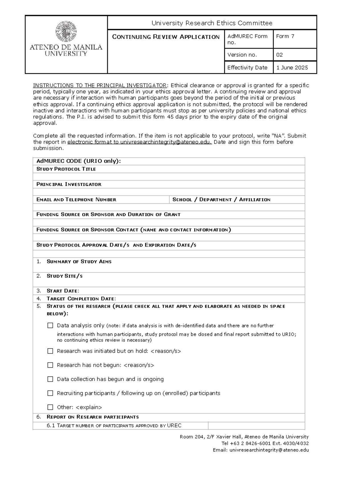 AdMUREC Form 7: Continuing Review Application for Ethics Approval - Studocu