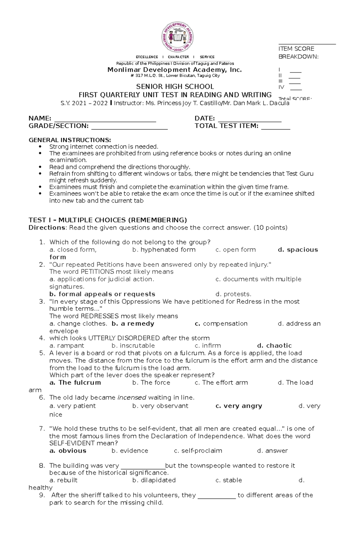 First Quarter UNIT TEST IN Reading AND Writing - EXCELLENCE I CHARACTER ...