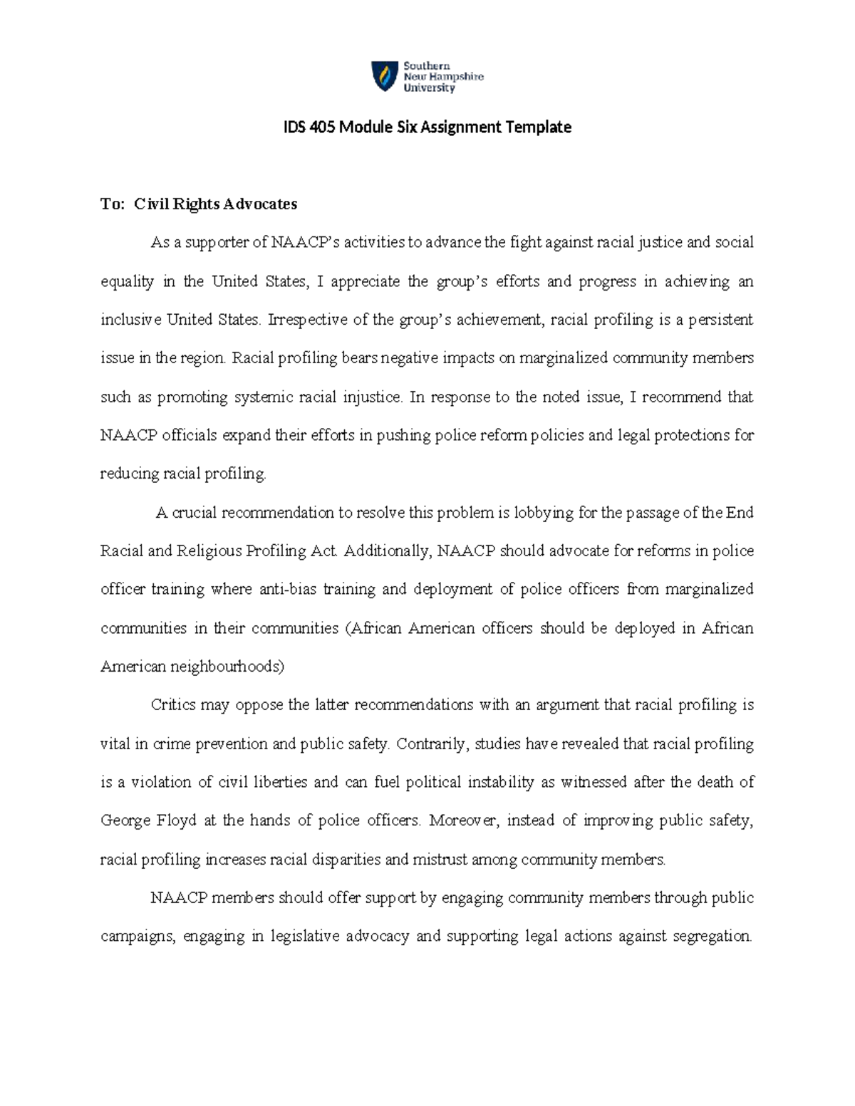 IDS 405 Module 6 Assignment: Addressing Racial Profiling Issues - Studocu