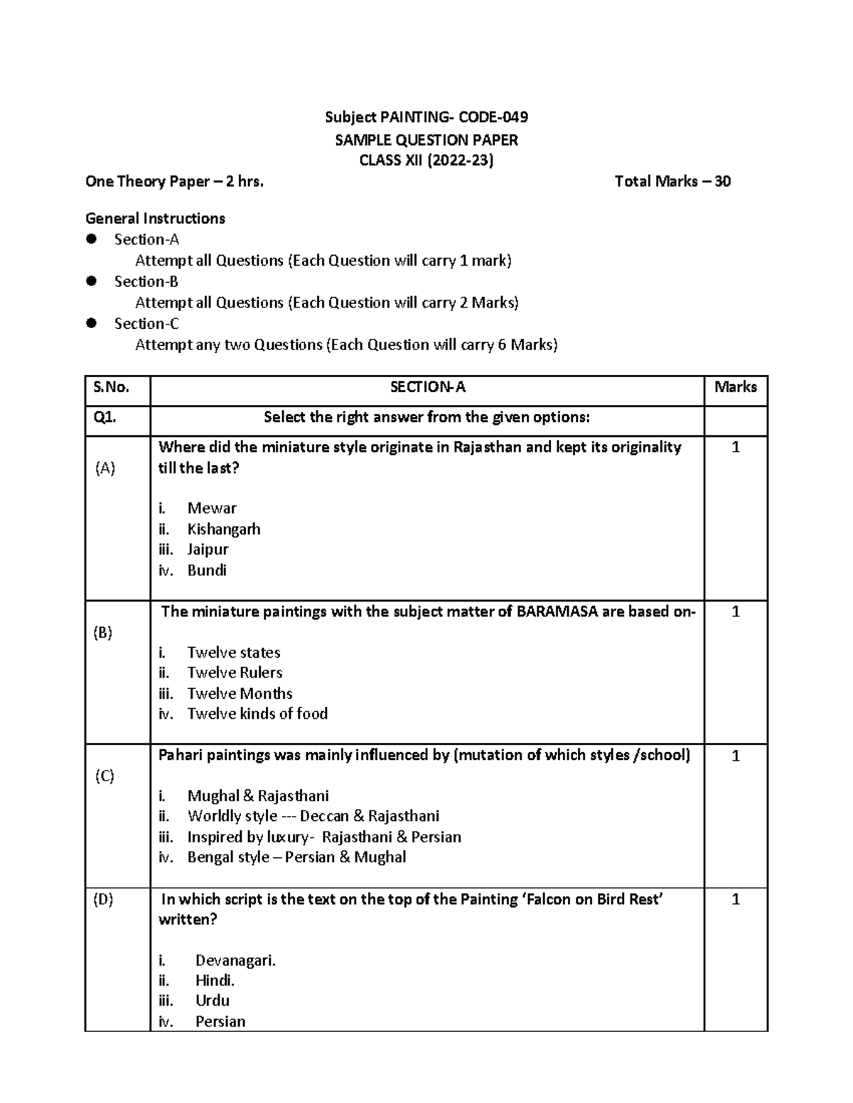 Painting-SQP 2: Class XII Miniature Art Theory Paper - Studocu
