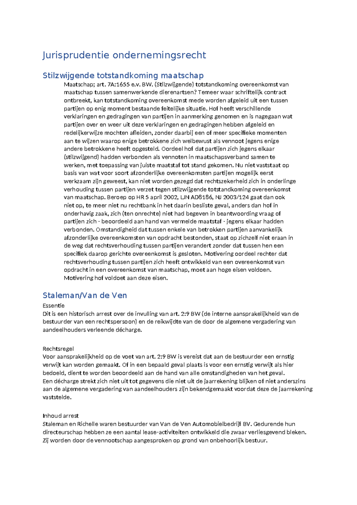 Jurisprudentie Ondernemingsrecht: Essenties en Rechtsregels (JUR 203 ...
