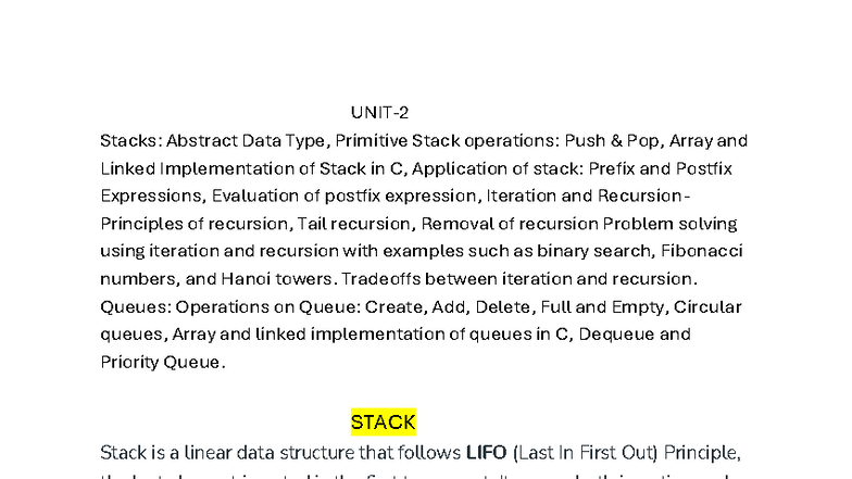 UNIT-2 Stack: Data Structures, Operations, and Implementations in C - Studocu