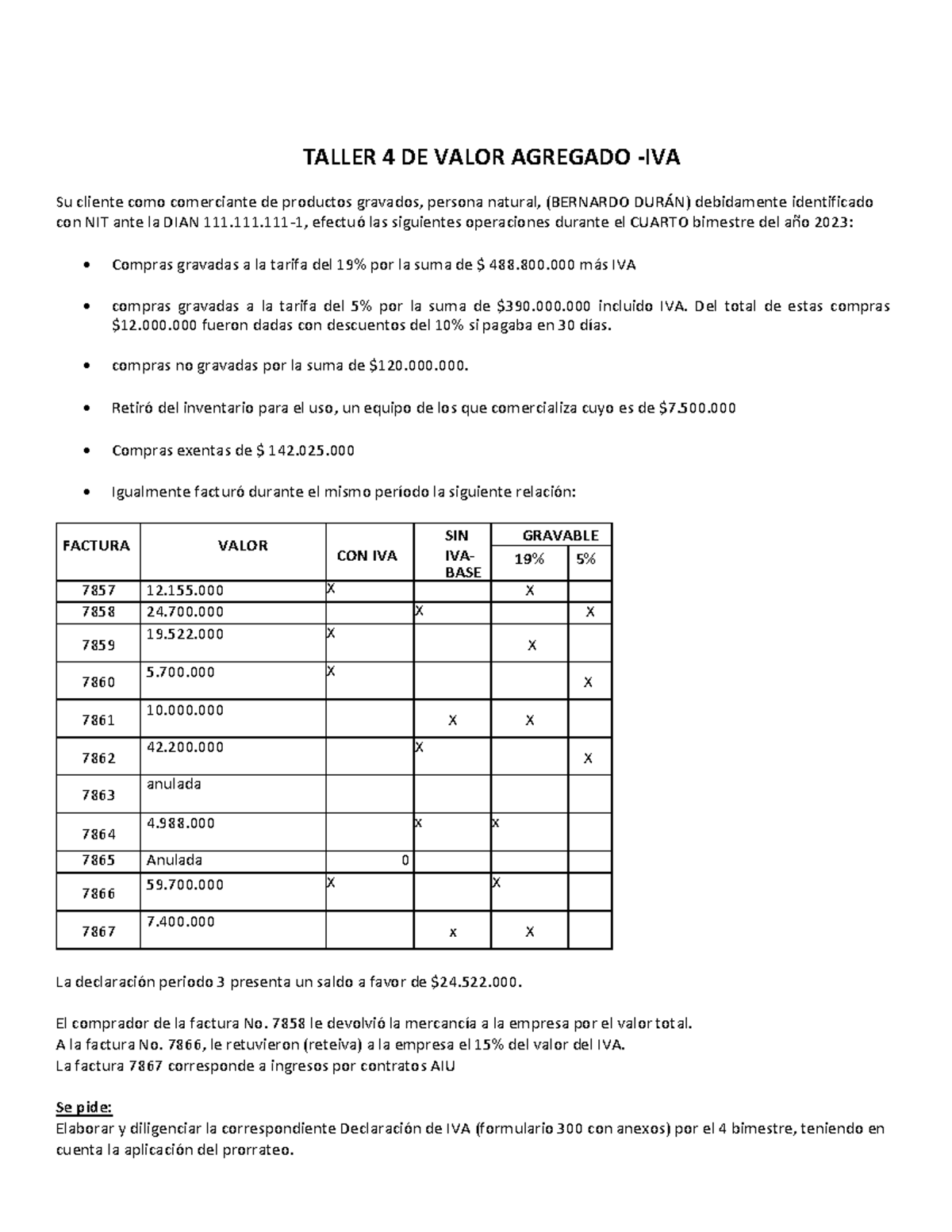 Taller 4 Completo IVA 2023-2 - TALLER 4 DE VALOR AGREGADO - IVA Su cliente como comerciante de ...