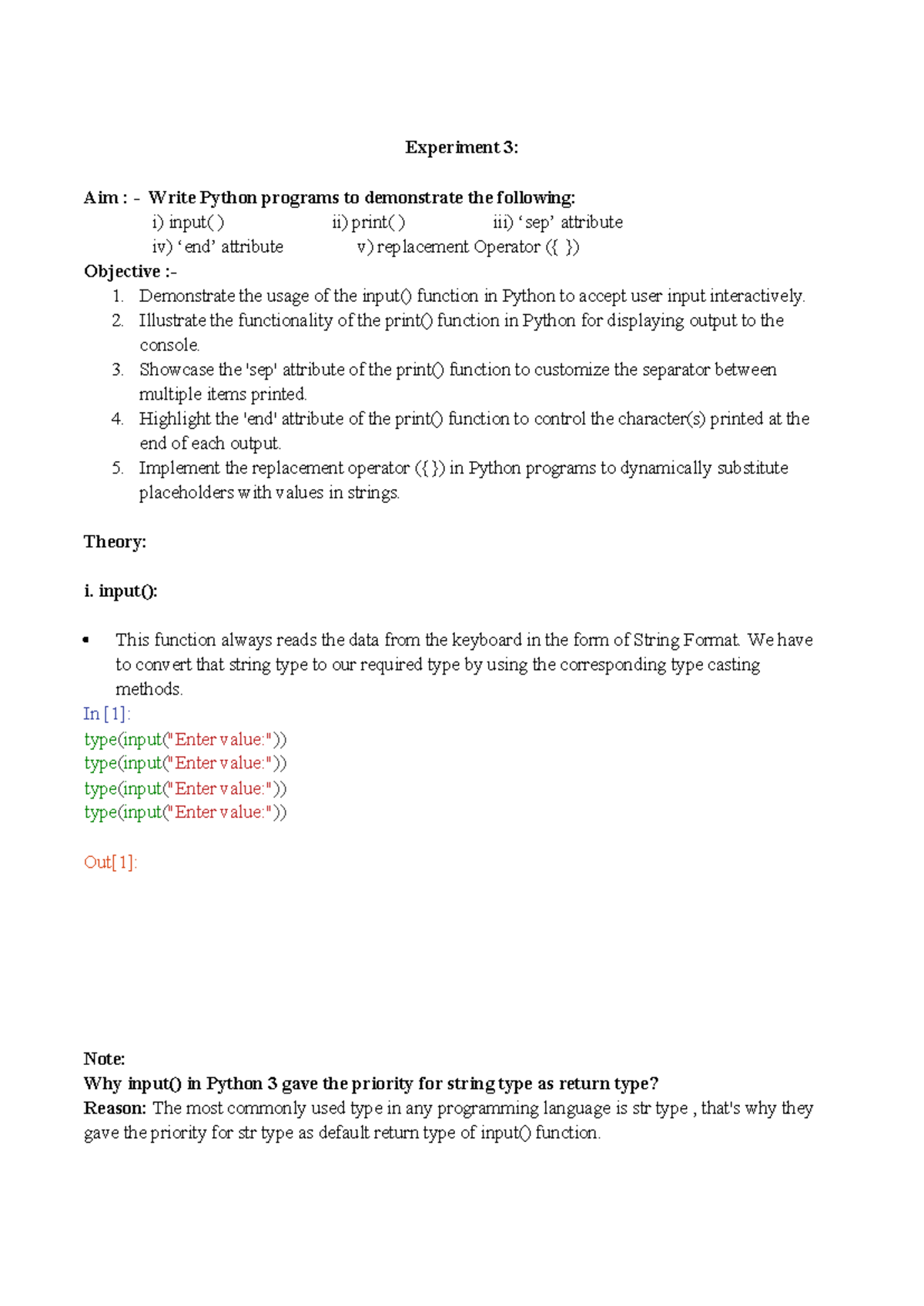 Experiment 3: Python Programs for Input(), Print() & Replacement Operator - Studocu