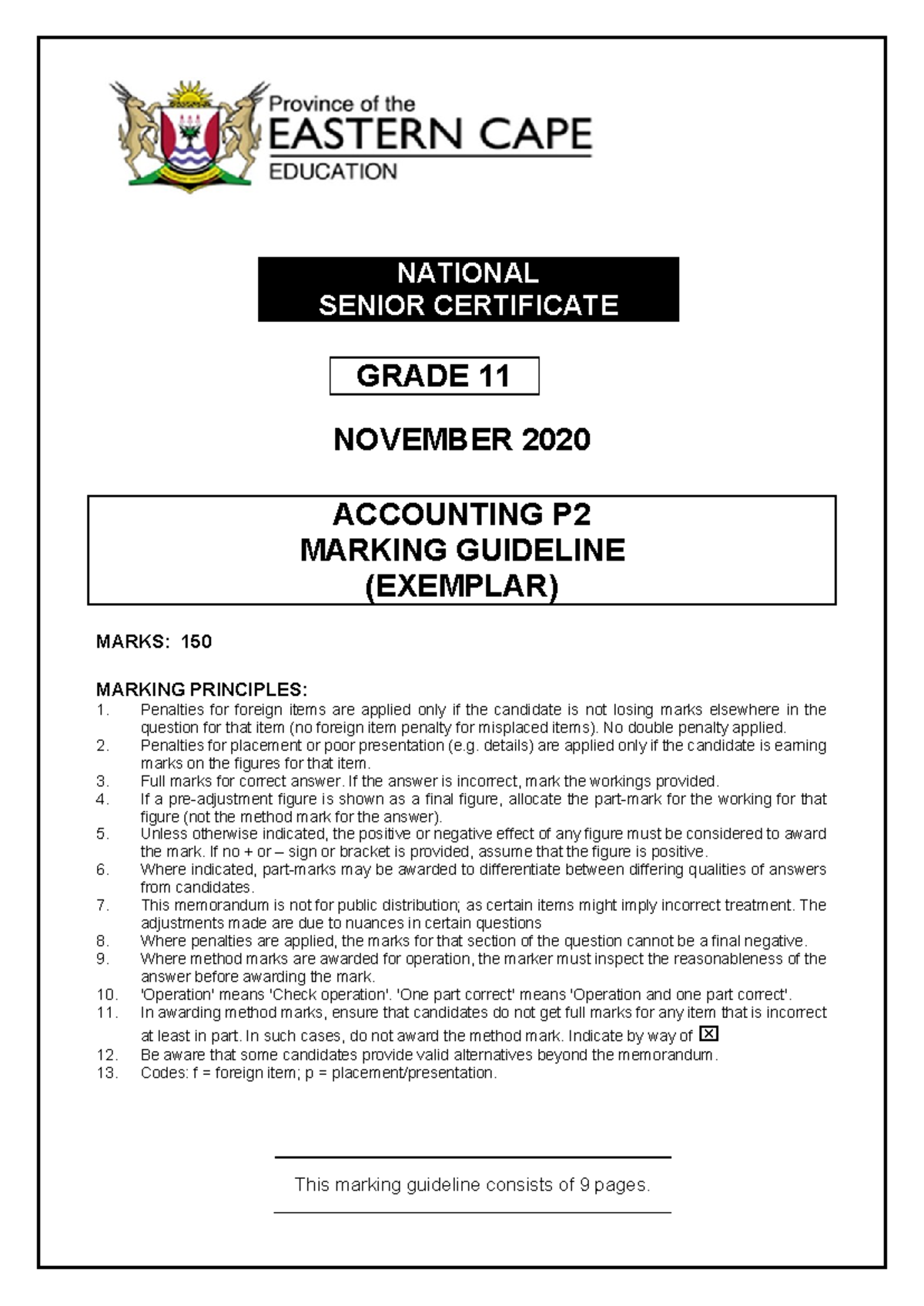 ACCN GR 11 P2 Nov 2020 Accounting Marking Guideline (Exemplar) - Studocu