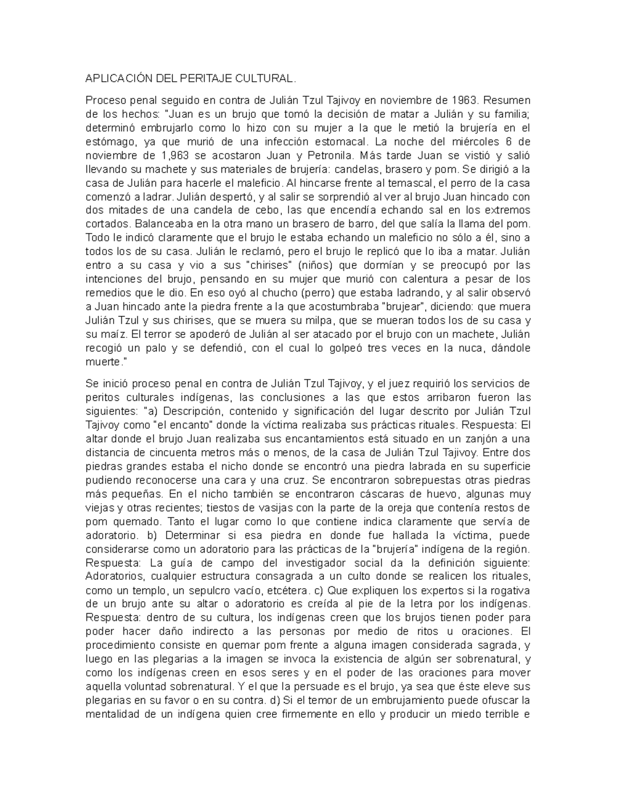 Aplicación del Peritaje Cultural en el Caso Julián Tzul Tajivoy - Studocu
