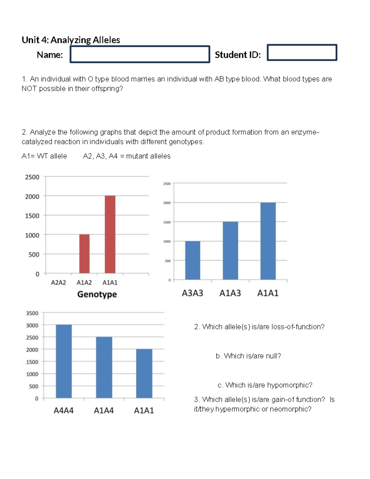 Unit 4: Worksheet on Analyzing Alleles and Blood Types - Studocu