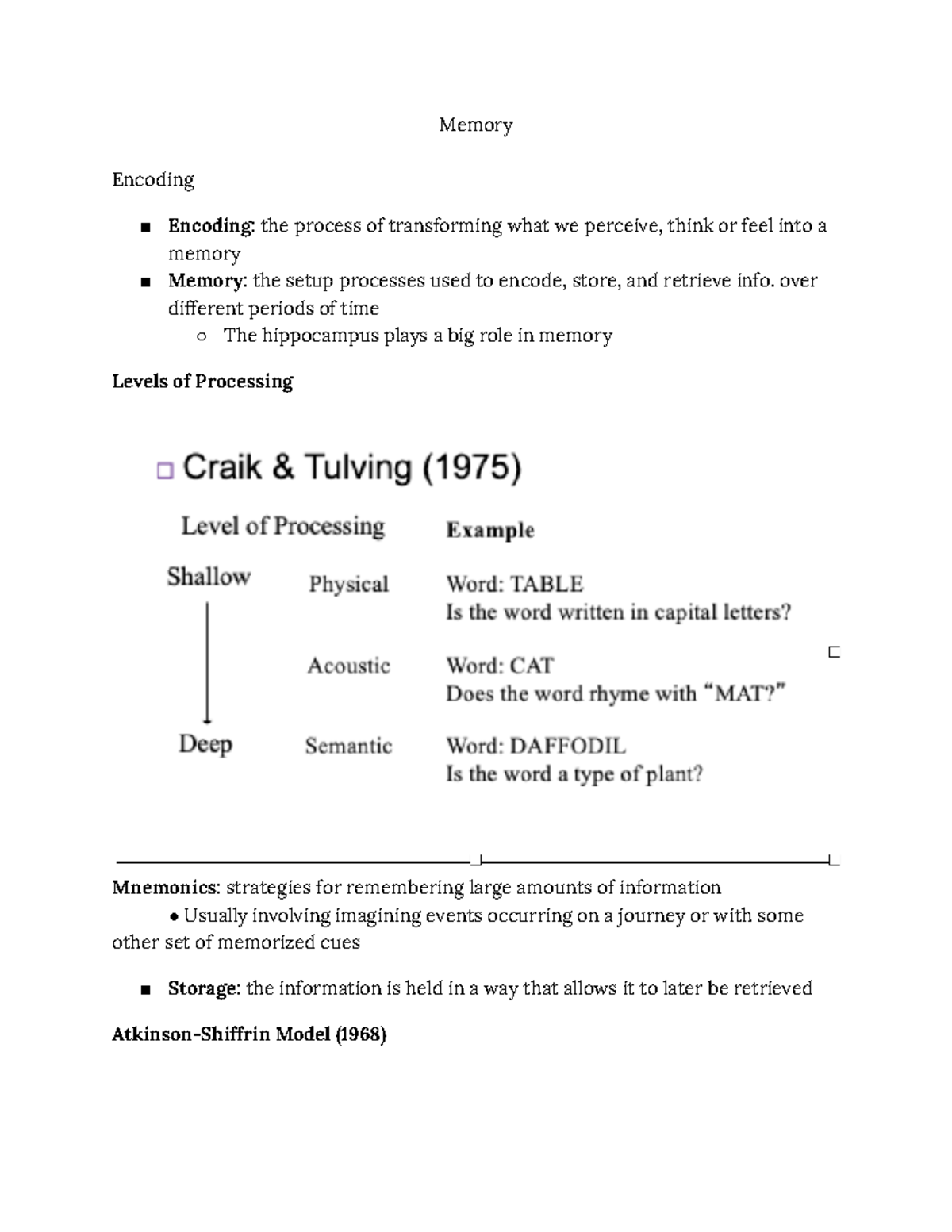PSYCH 10 FINAL EXAM OUTLINE: Memory Processes and Theories - Memory ...