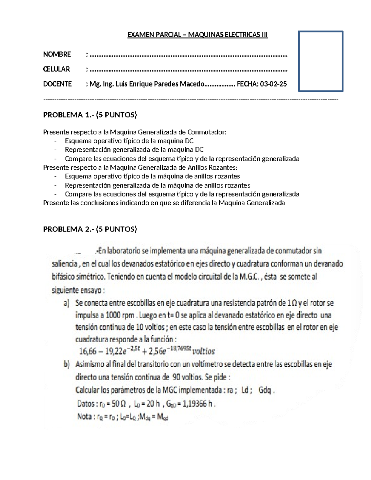 Examen Parcial - Maquinas Electricas III - UNMSM 2025 - Studocu