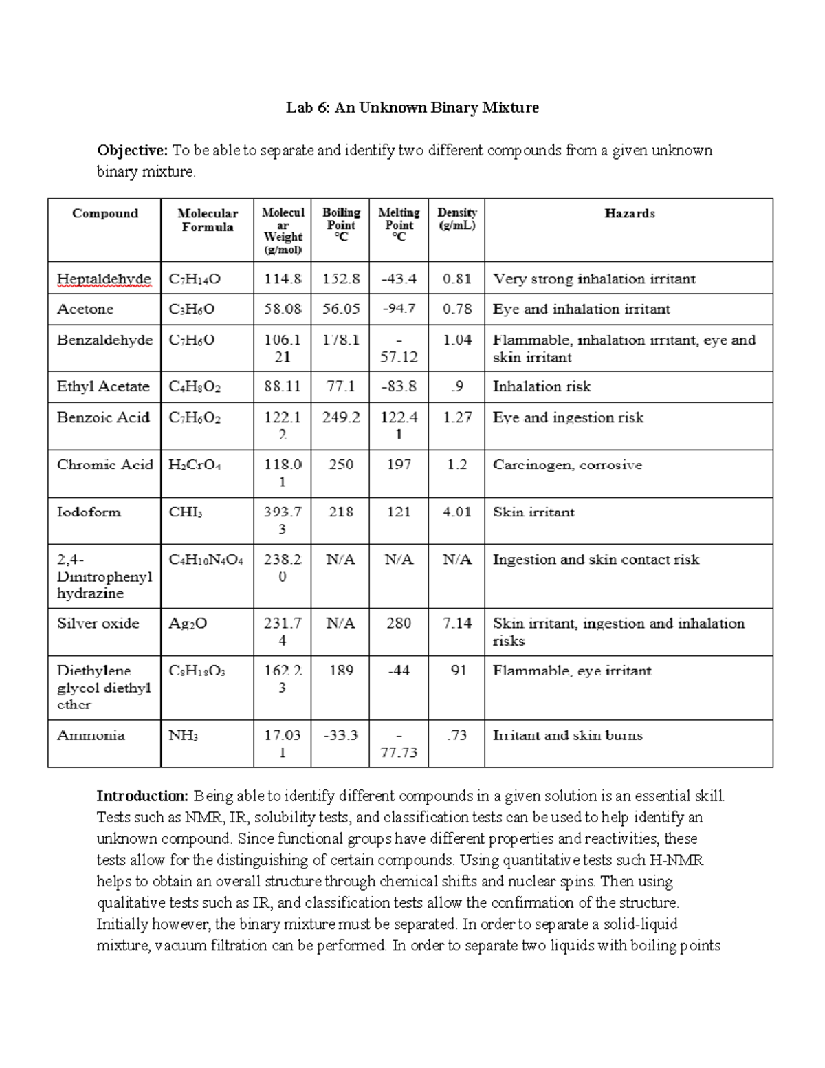 Orgo 2 lab 6 - Lab report - Lab 6: An Unknown Binary Mixture Objective: To be able to separate ...