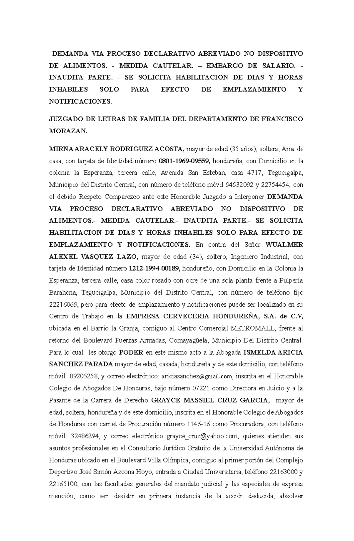 Demanda de Alimentos Inaudita Parte - Caso Yessenia Perez vs. Wualmer ...