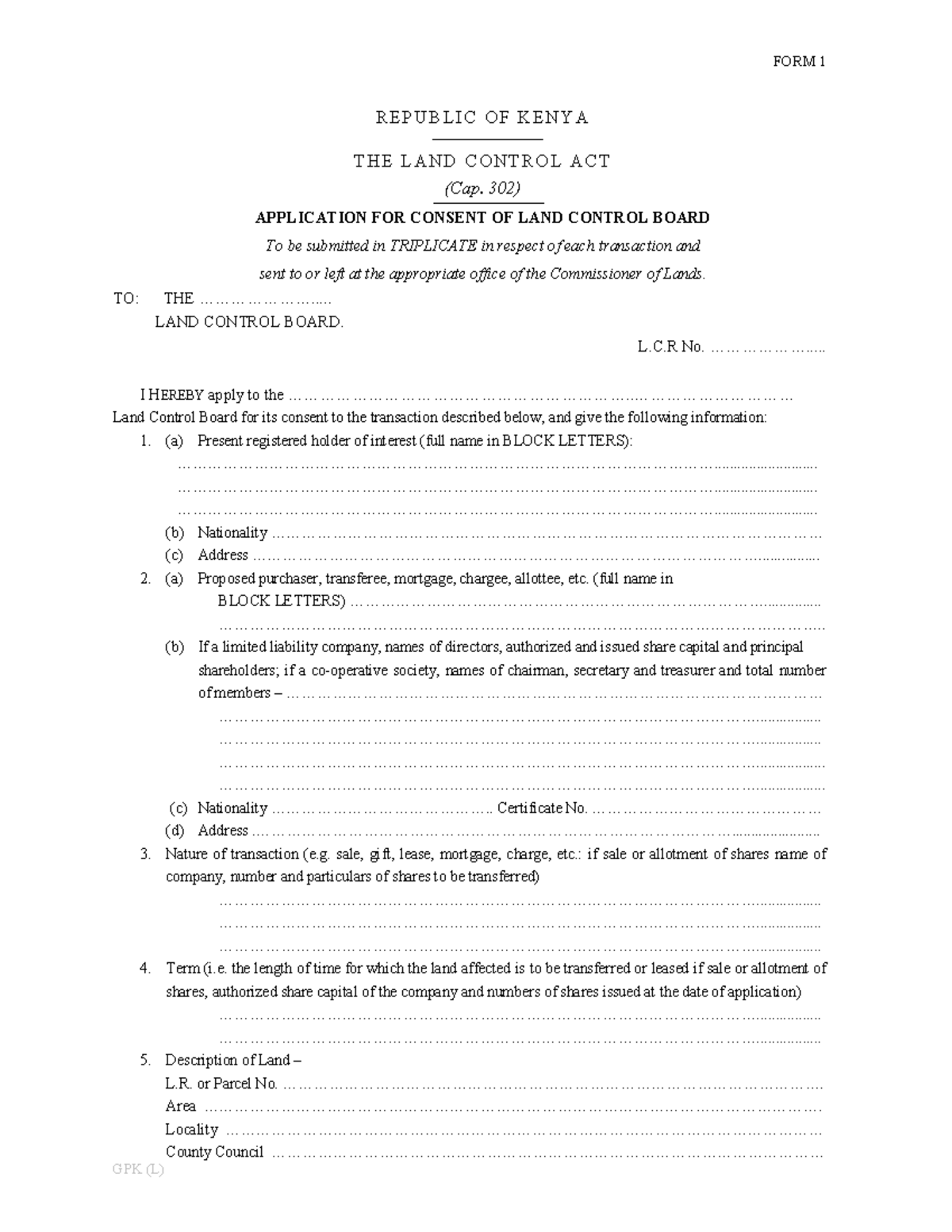 Application for Consent to Land Control Board - FORM 1 - Studocu