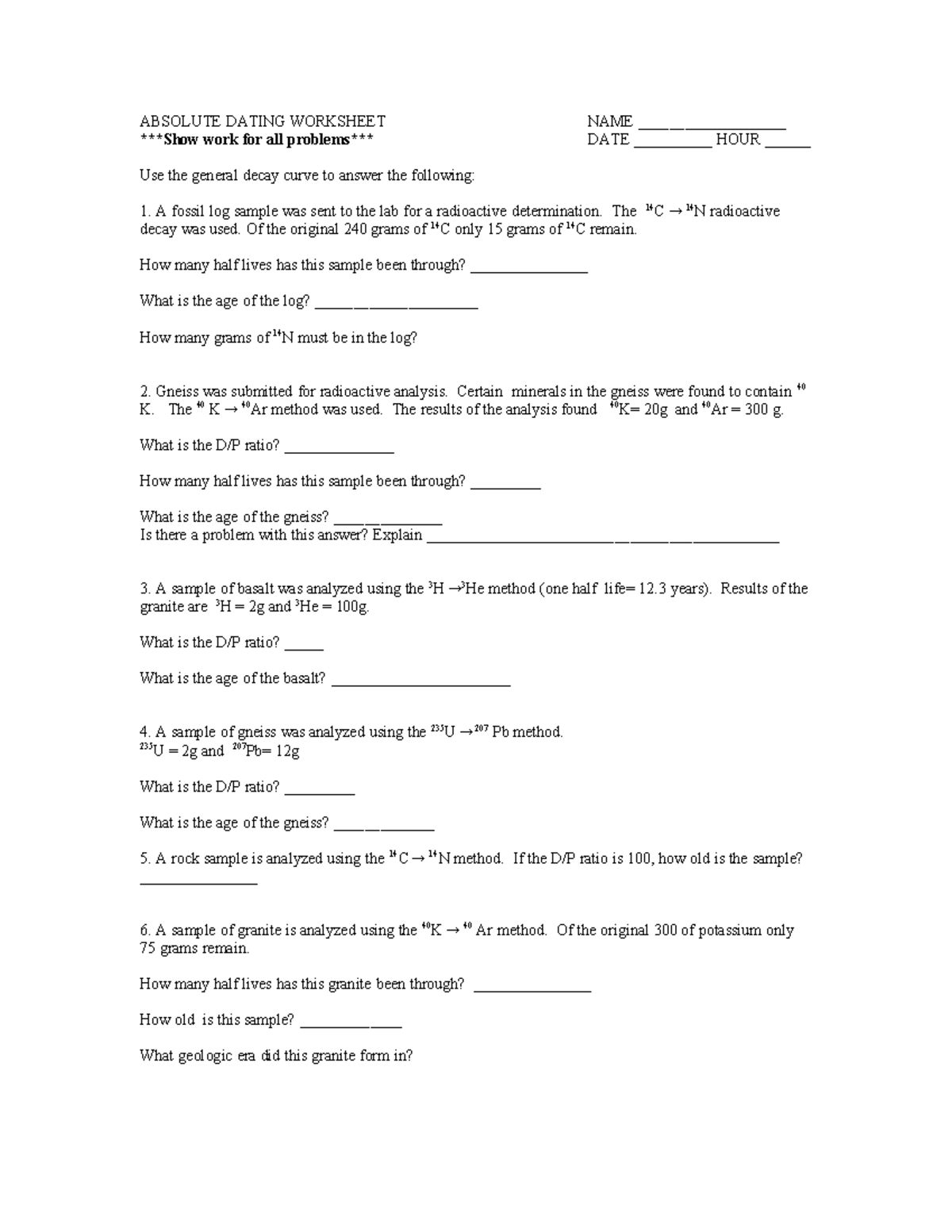 Radiometric Dating Problems Worksheet - Science 101 - Studocu