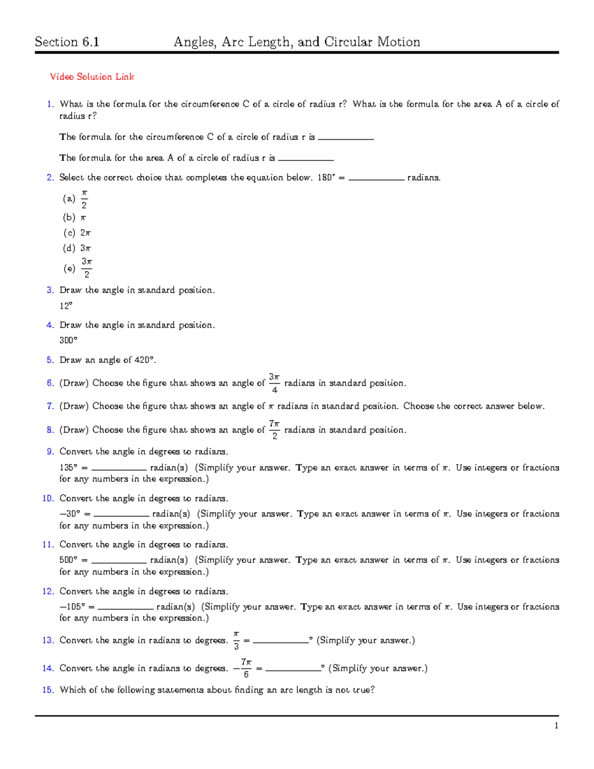 6.1 Practice Problem Set: Angles, Arc Length & Circular Motion - Studocu