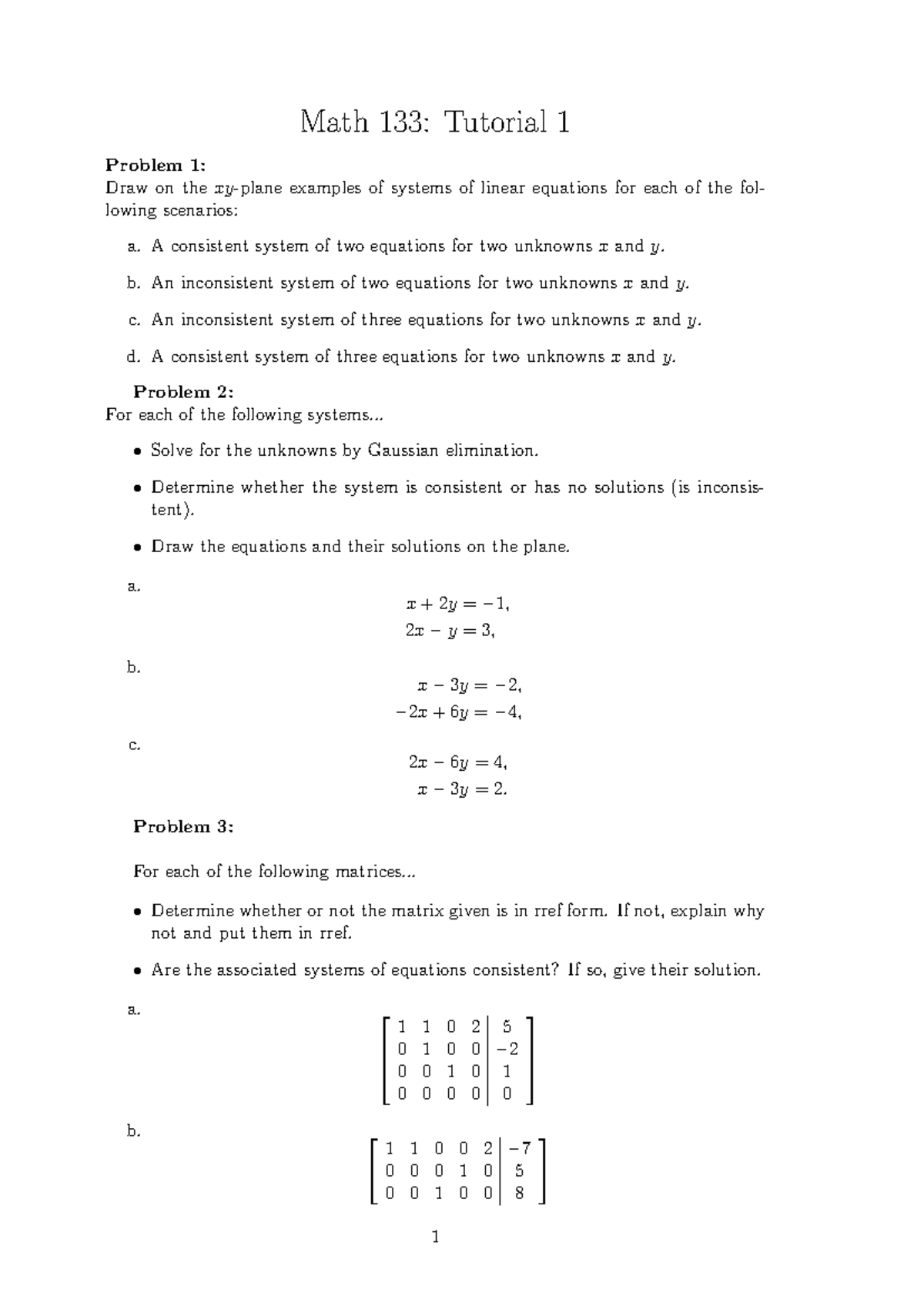 Math 133 Tutorial 1 - Math 133: Tutorial 1 Problem 1: Draw on the xy ...