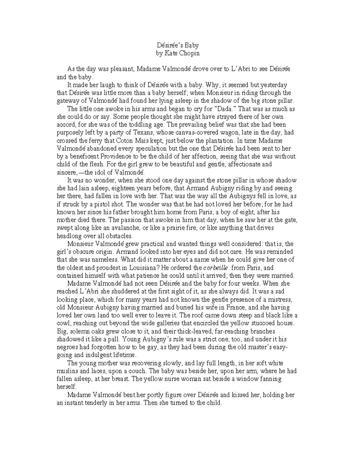 Désirée's Baby: An Analysis of Kate Chopin's 1892 Short Story - Studocu