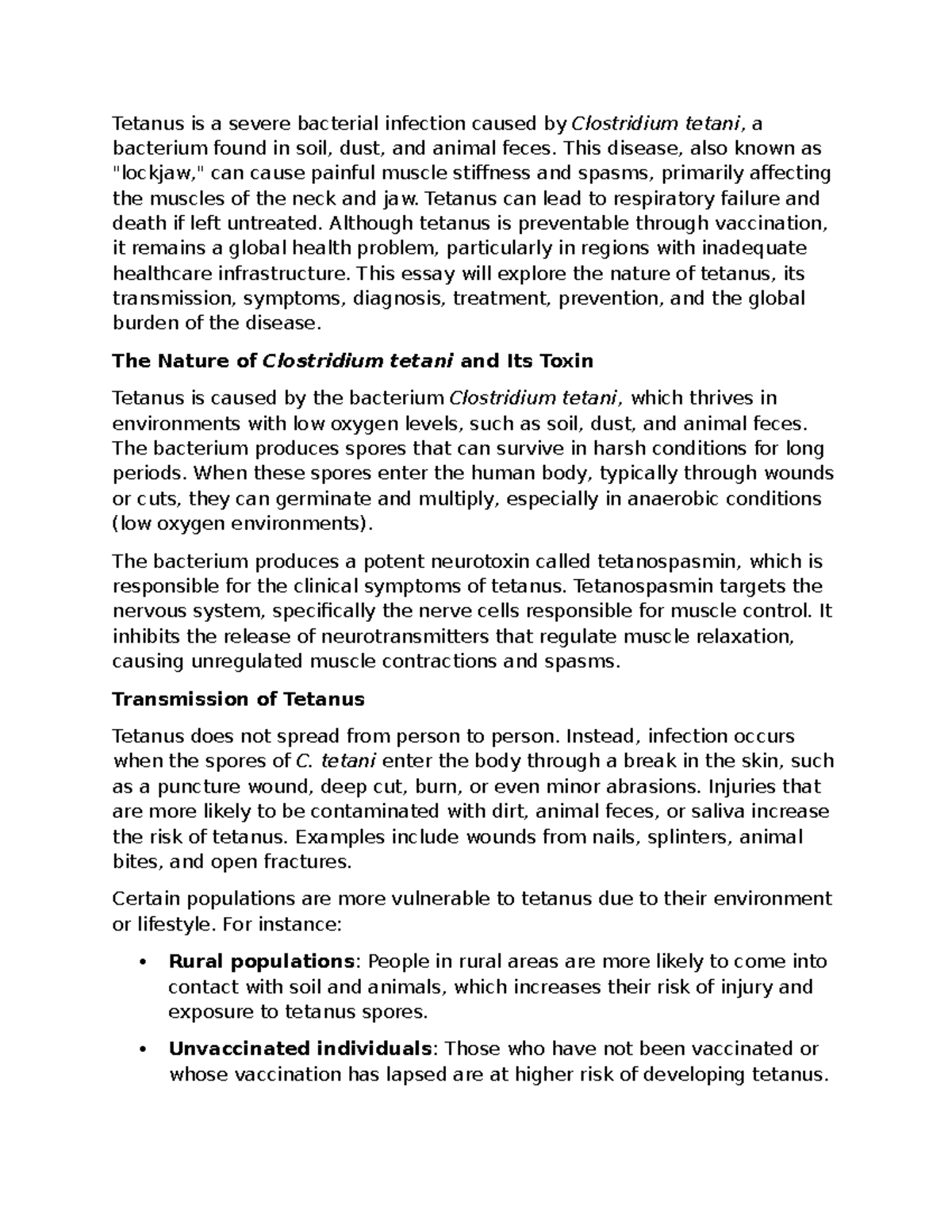 CHN 20 - Tetanus: Causes, Symptoms, and Global Impact - Studocu