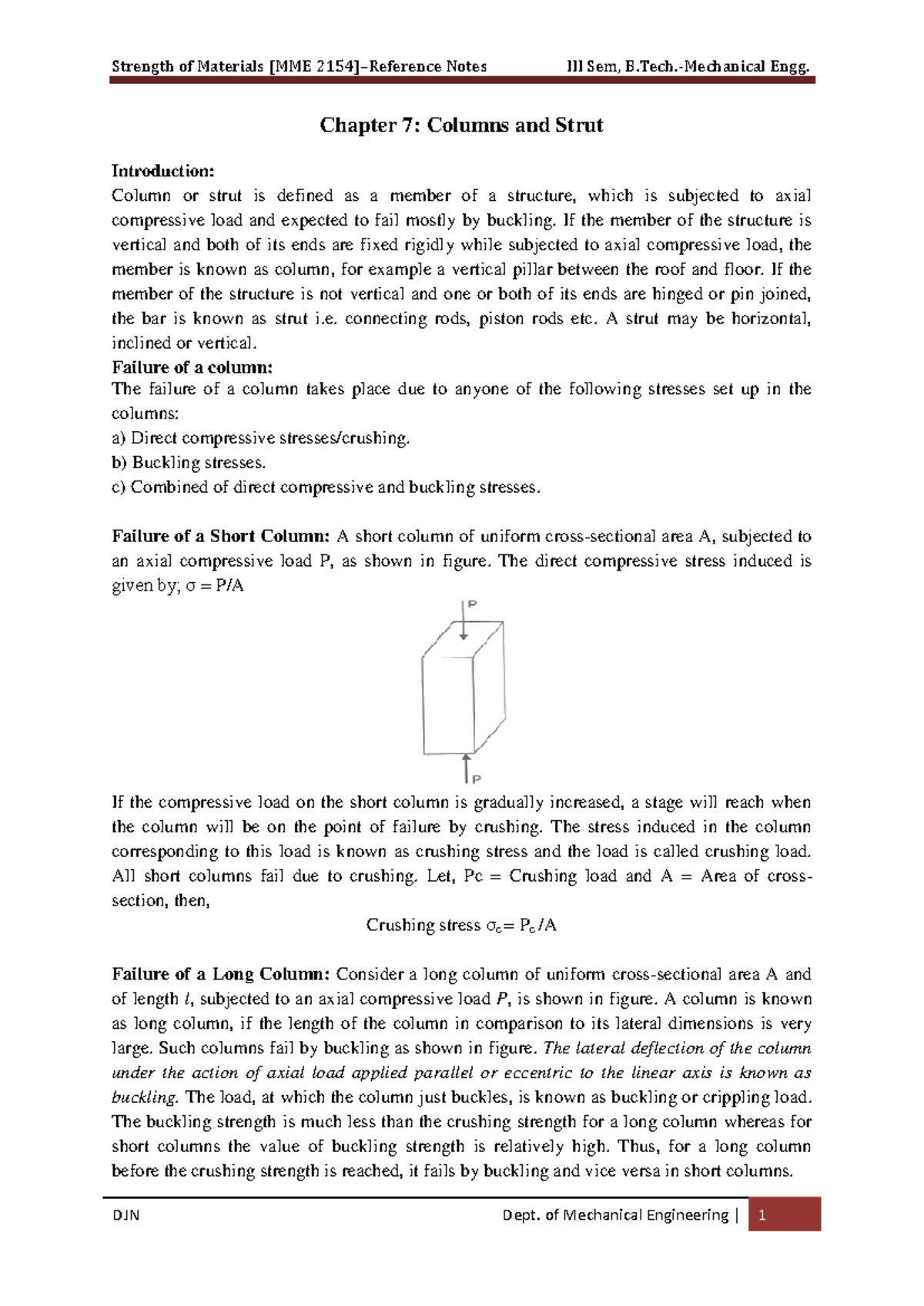 Structural Analysis: Chapter 7 - Columns & Struts Notes (ENG 101) - Studocu