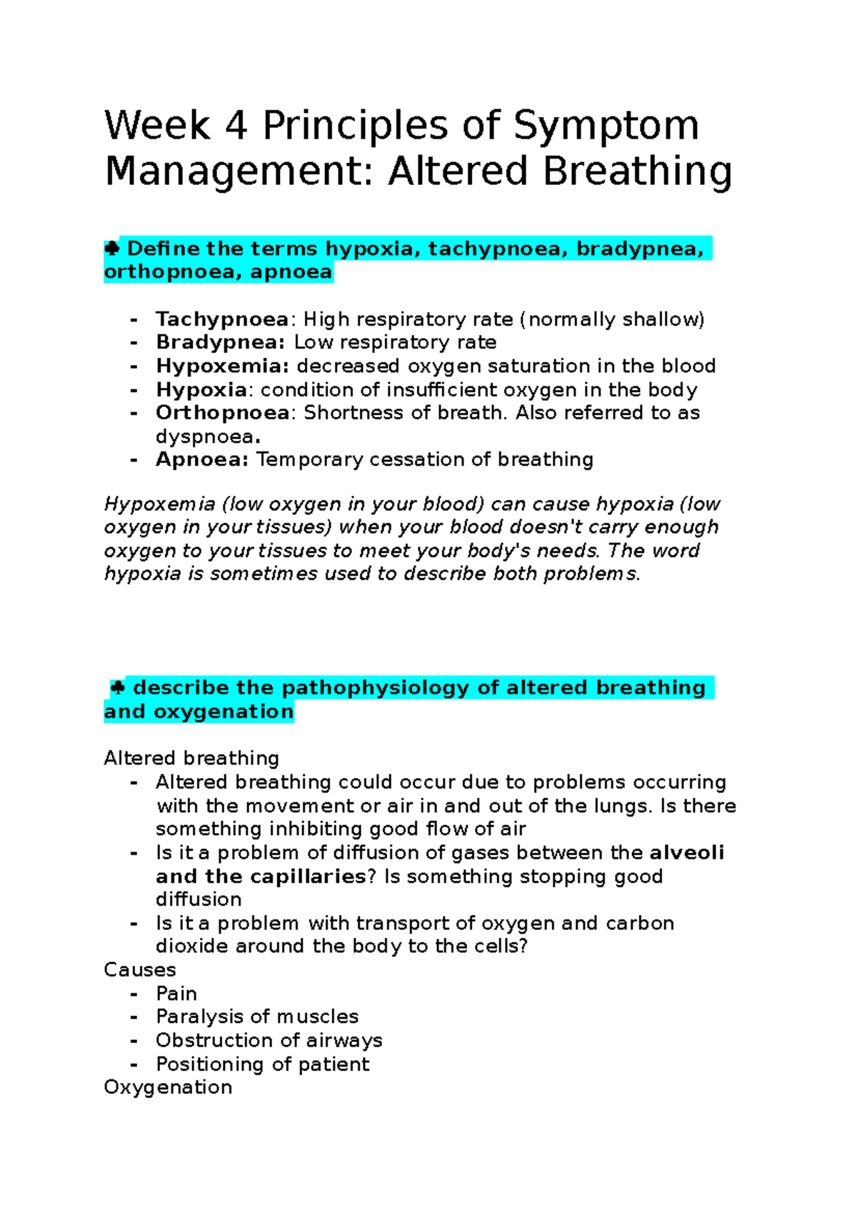 Altered breathing - week 4 notes - Week 4 Principles of Symptom ...