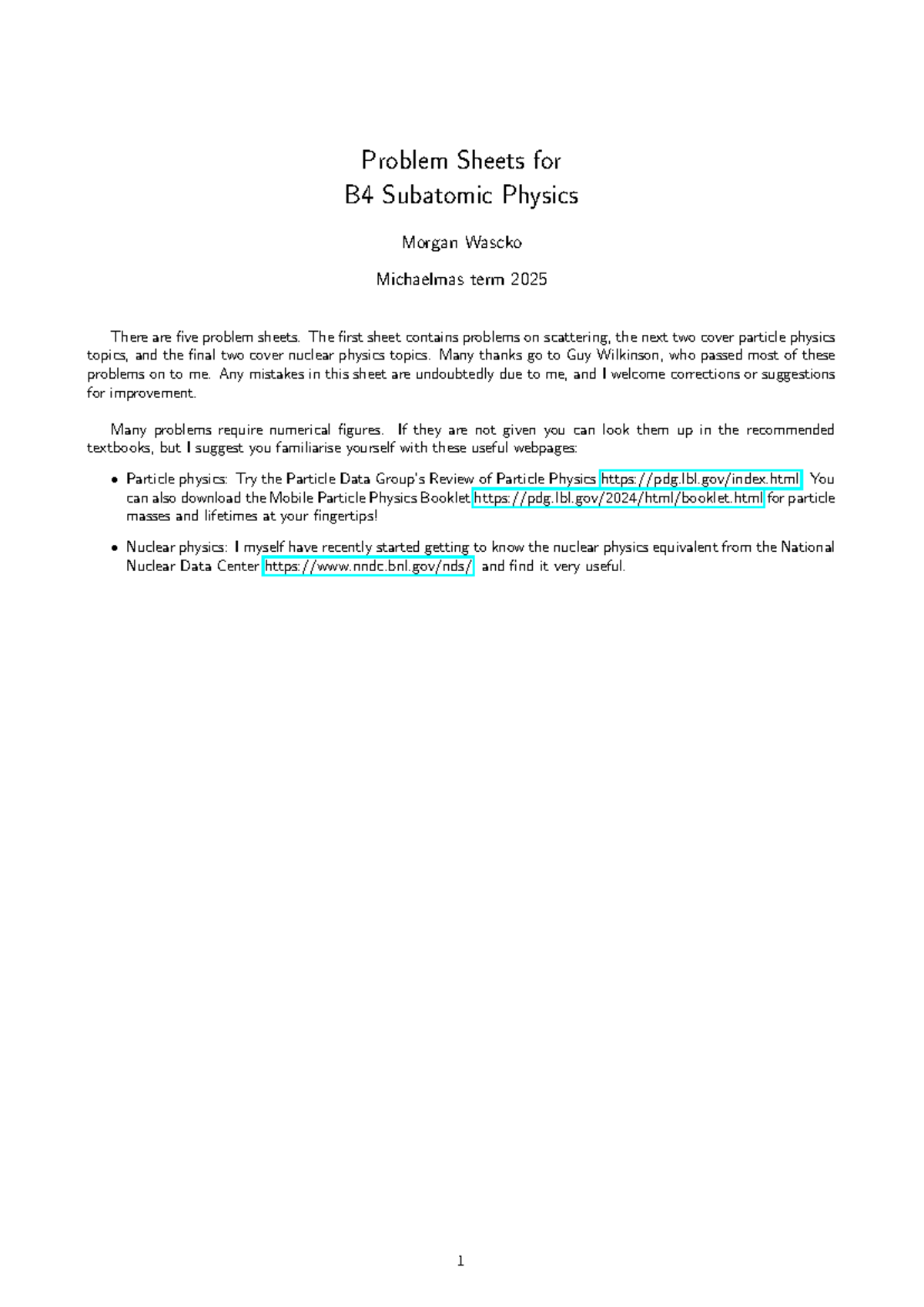 B4 Problem Sheets: Subatomic Physics Challenges for Michaelmas 2025 ...