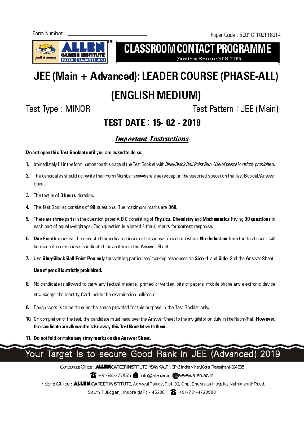 JEE (Main Advanced) 2019: Minor Test Instructions & Pattern - Studocu