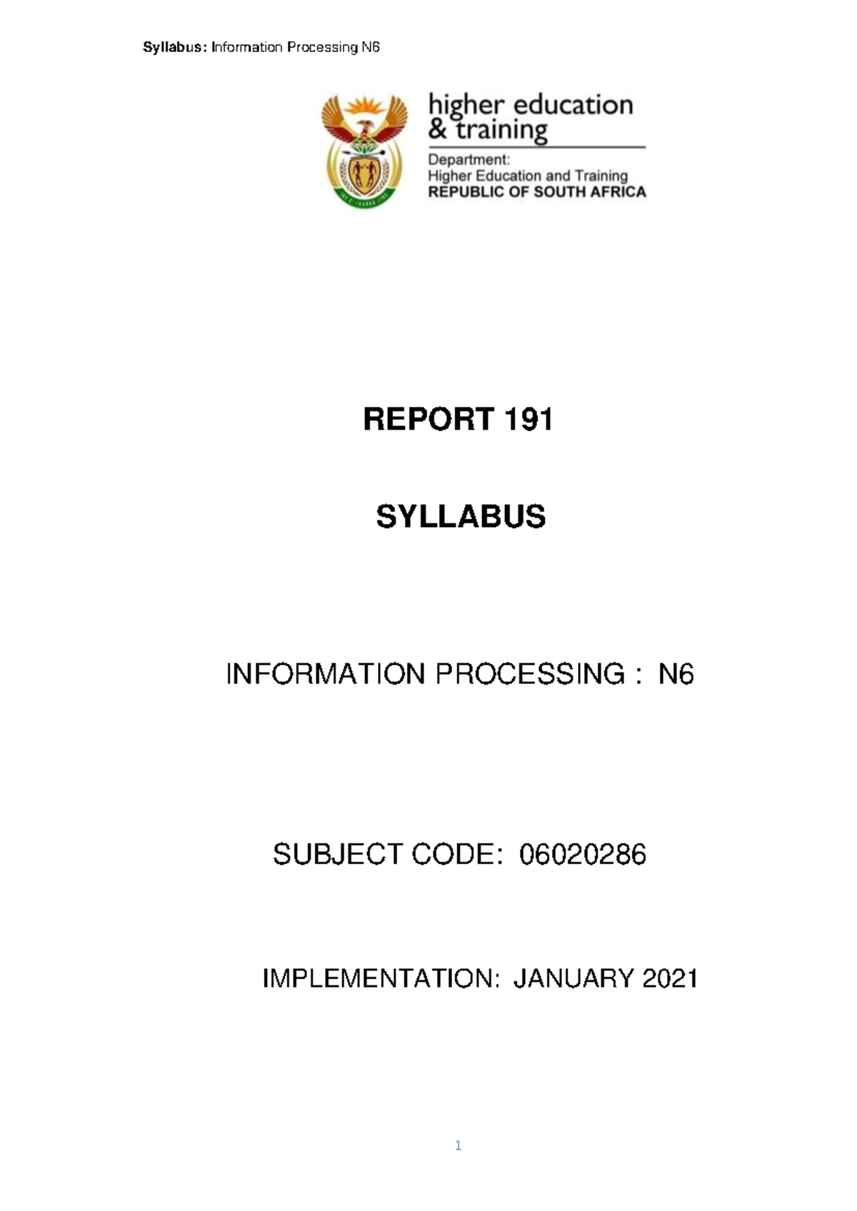 Syllabus Overview for Information Processing N6 (Subject Code: 06020286 ...