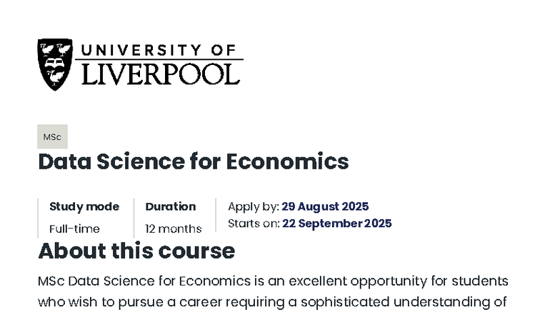 MSc Data Science for Economics Overview 2025 - Studocu